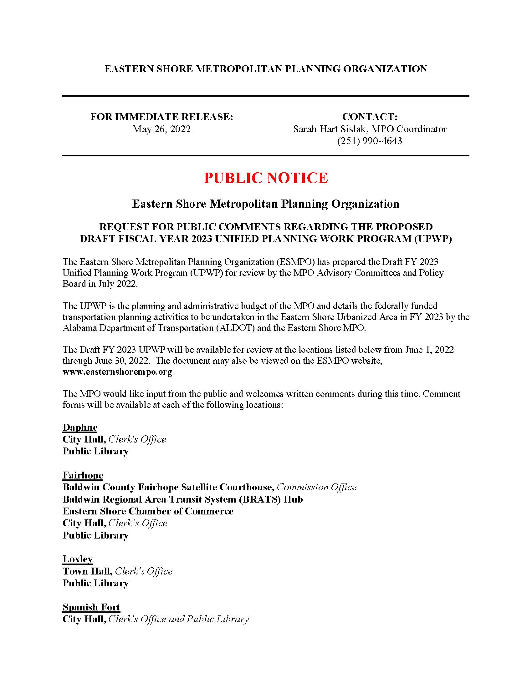 Public Notice – Draft FY23 UPWP