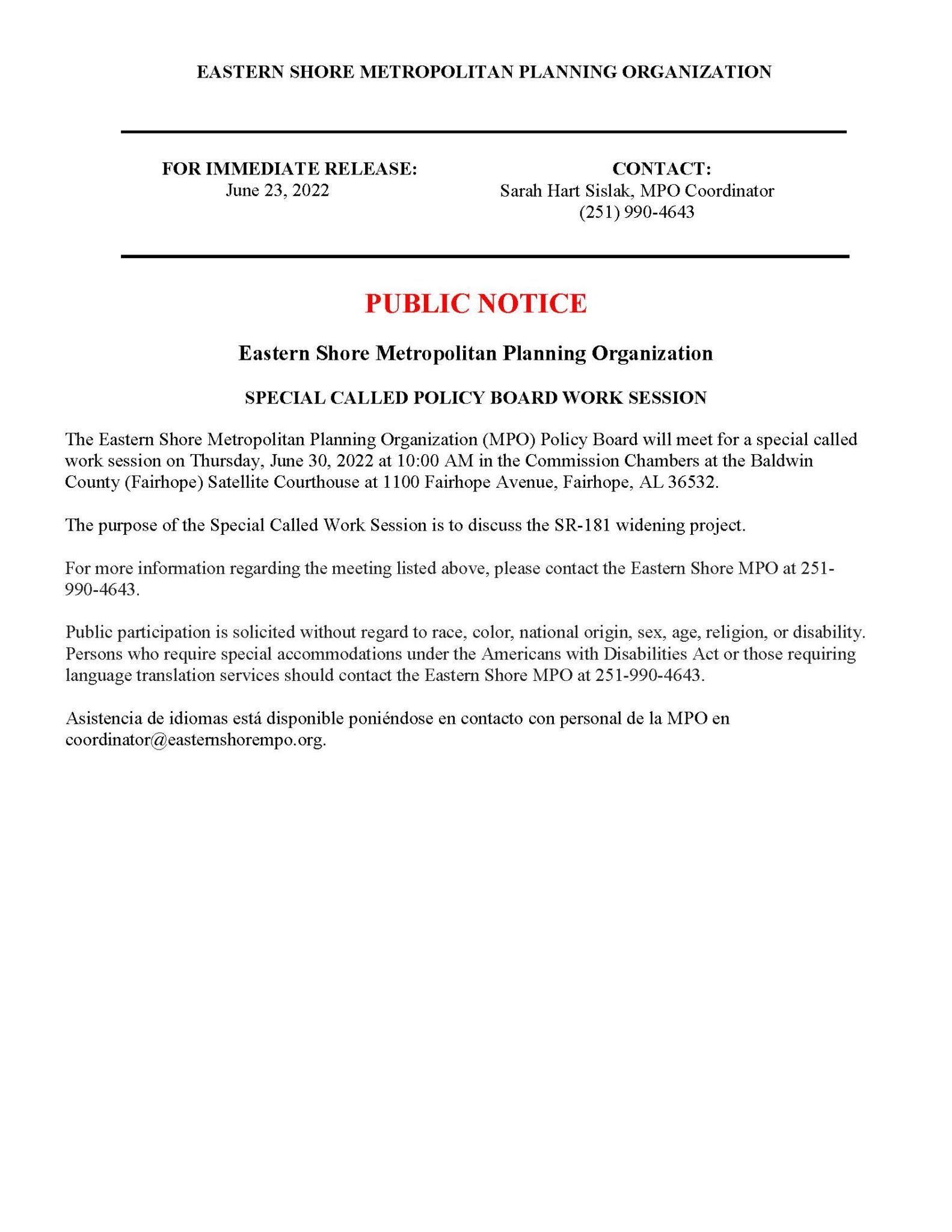 Public Notice – June Special Called Work Session