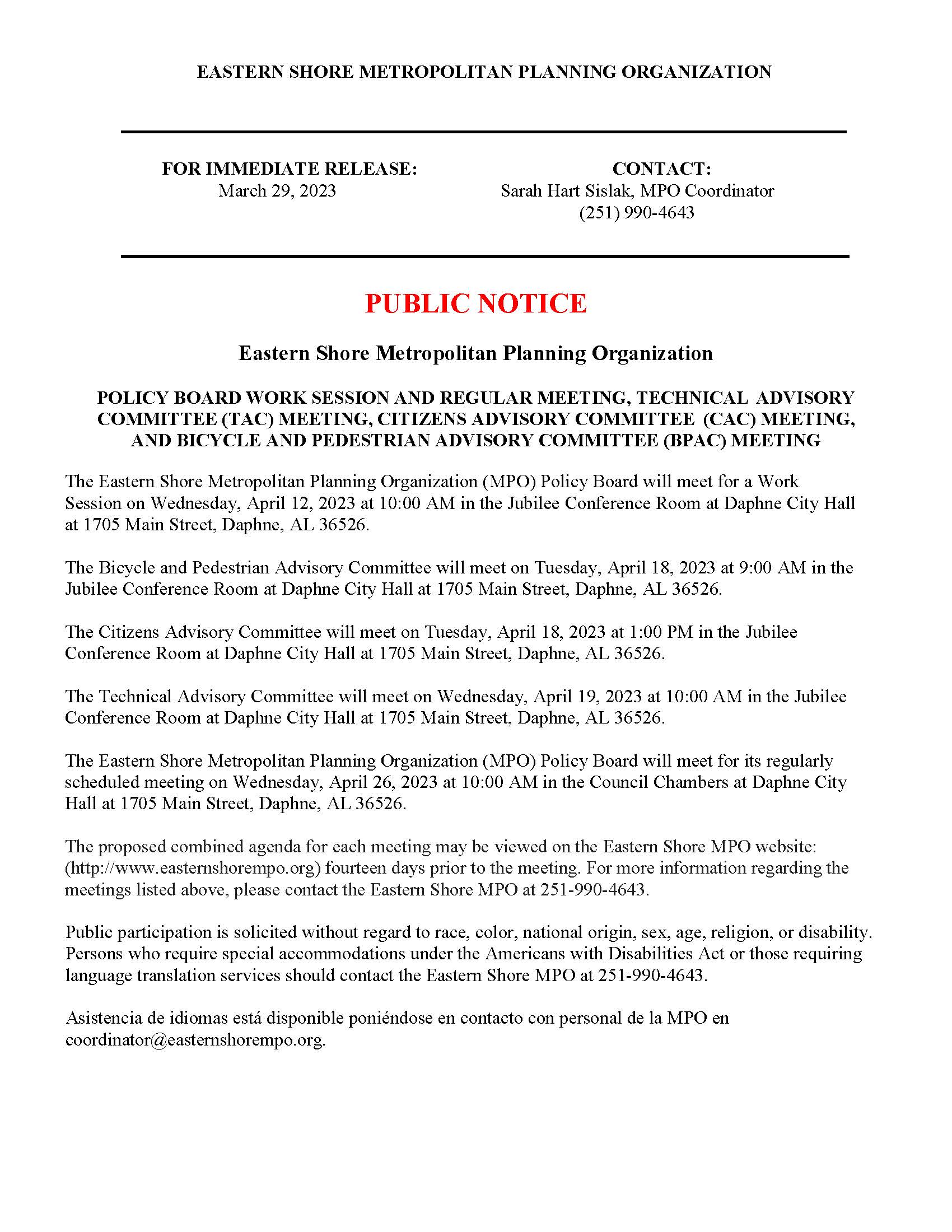 Public Notice – April 2023 Meetings