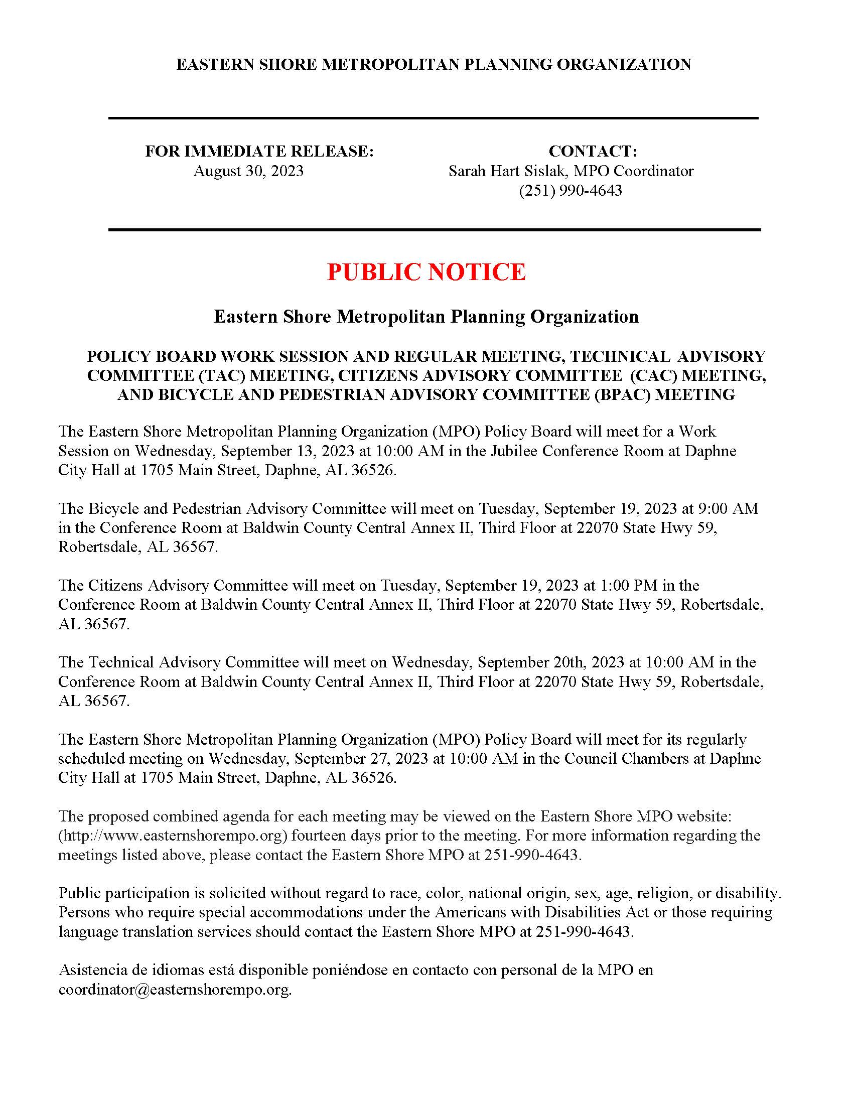 Public Notice – September 2023 Meetings