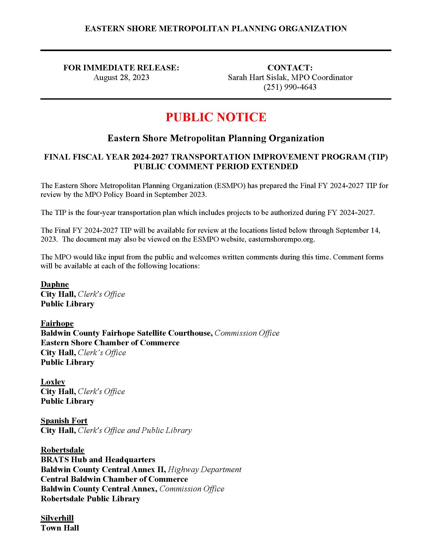 Public Notice – Final FY24-27 TIP Public Comment Period Extended