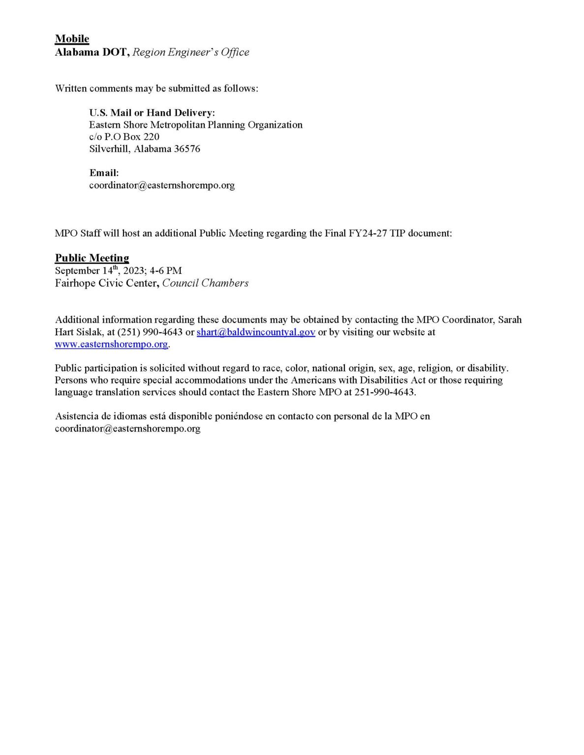 Public Notice – Final FY24-27 TIP Public Comment Period Extended