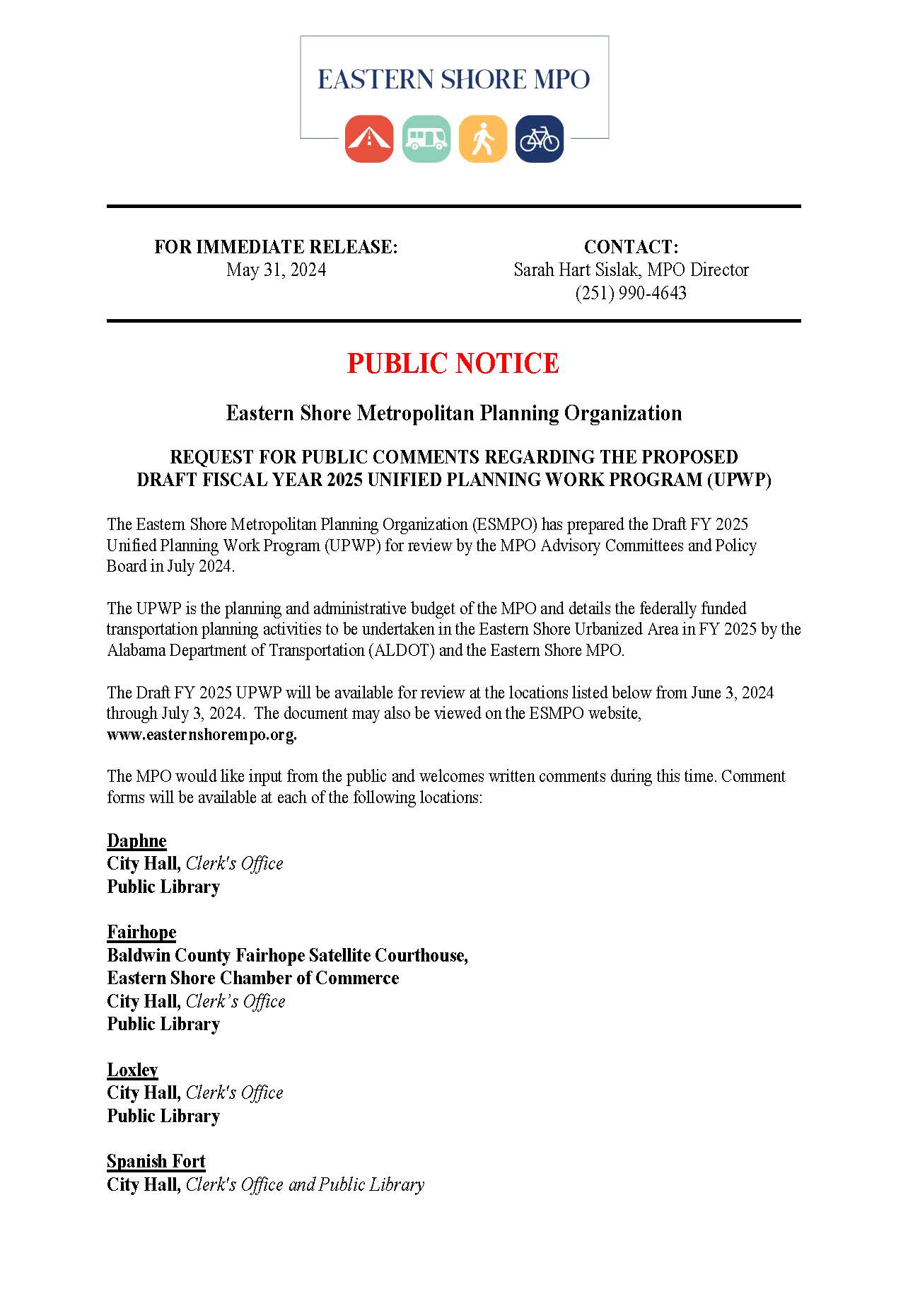 Public Notice – Draft FY25 UPWP